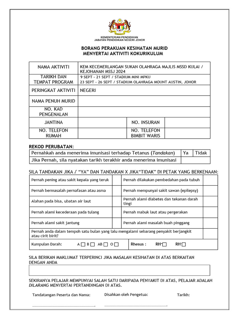 Borang Perakuan Kesihatan Murid Dan Kebenaran Ibu Bapa | PDF