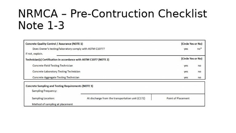 NRMCA - Pre-Contruction Checklist Note 1-3 | PDF
