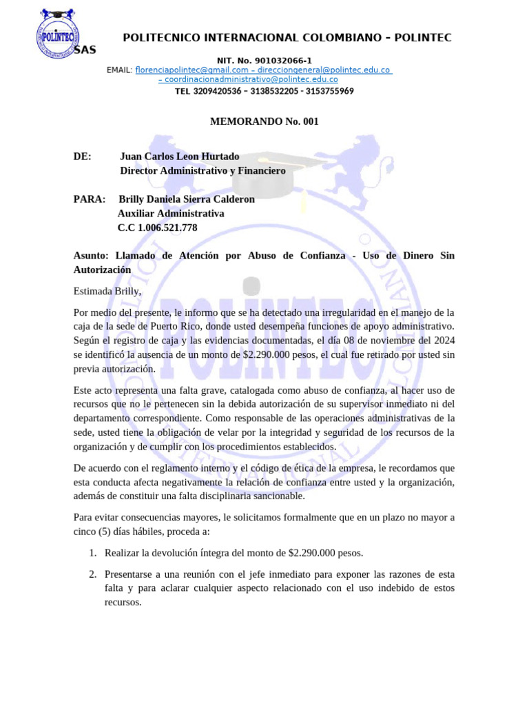 Memorando 001 Abuso de Confianza | PDF | Finanzas y dinero