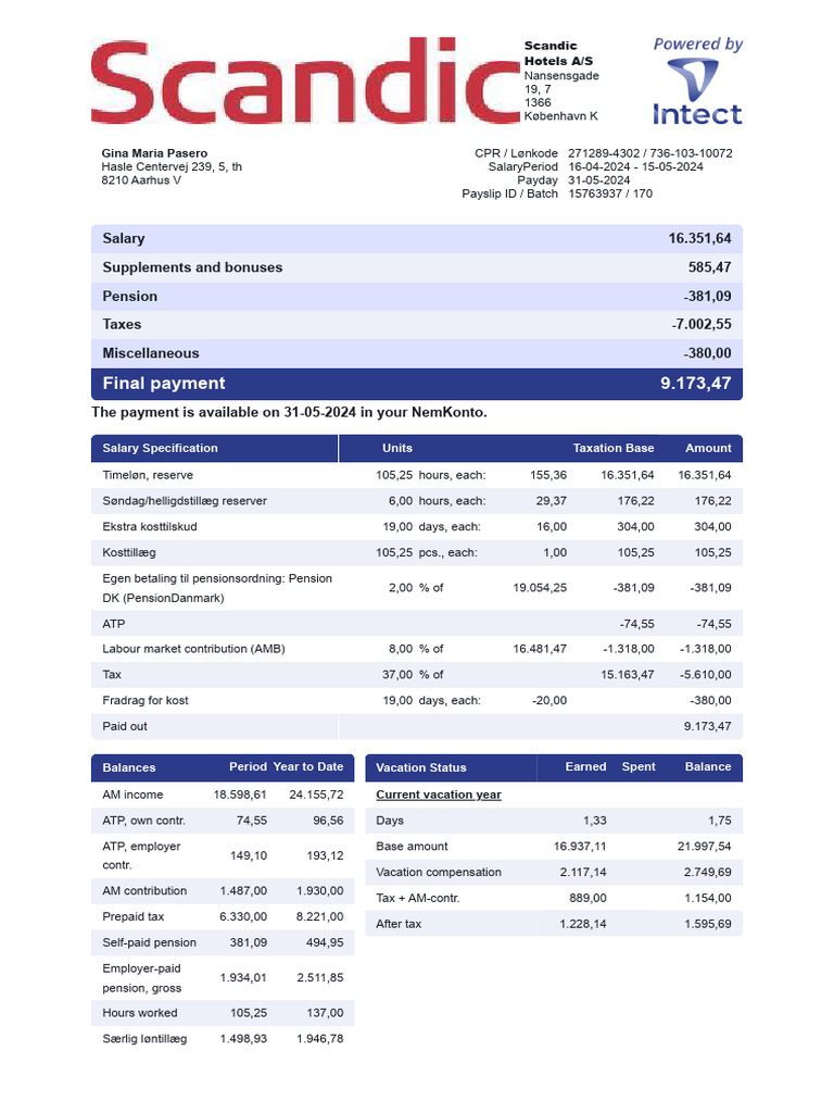 Intect Payslip 31-05-2024 - Gina Maria Pasero | PDF | Pension | Taxes