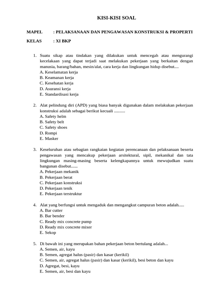 Kisi2 Soal Pelaksanaan Dan Pengawasan Konstruksi Dan Properti Xi BKP | PDF