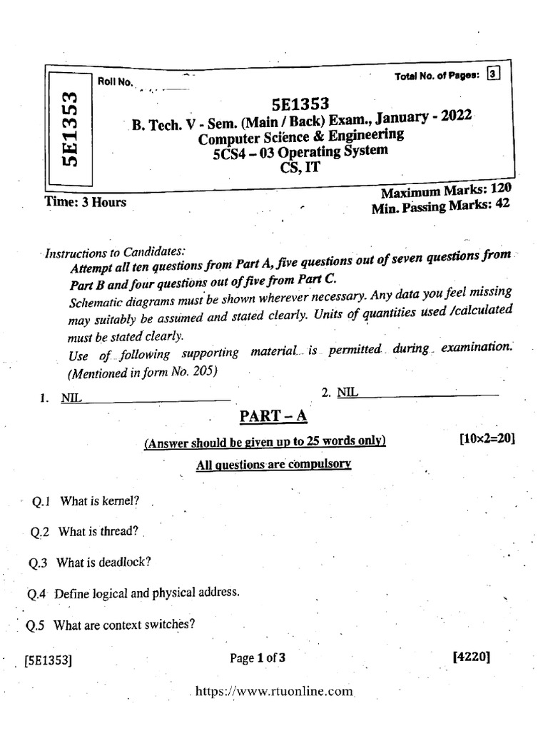 Btech Cs It 5 Sem Operating System 5e1353 Jan 2022 | PDF