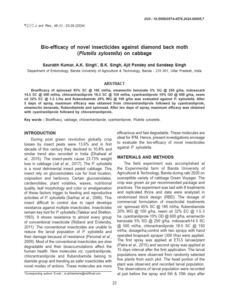 Bio-Efficacy of Novel Insecticides Against Diamond Back Moth (Plutella Xylostella) On Cabbage ...