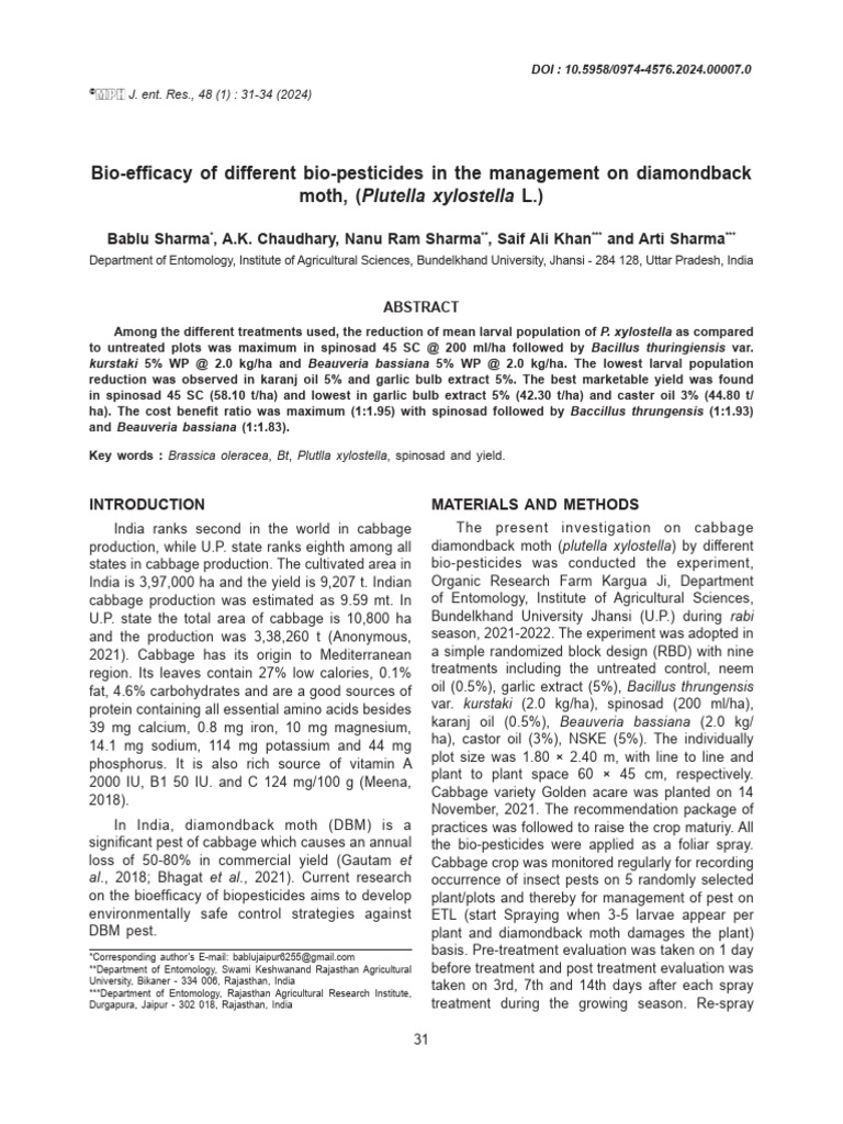 Bio-Efficacy of Different Bio-Pesticides in The Management On Diamondback Moth, (Plutella ...