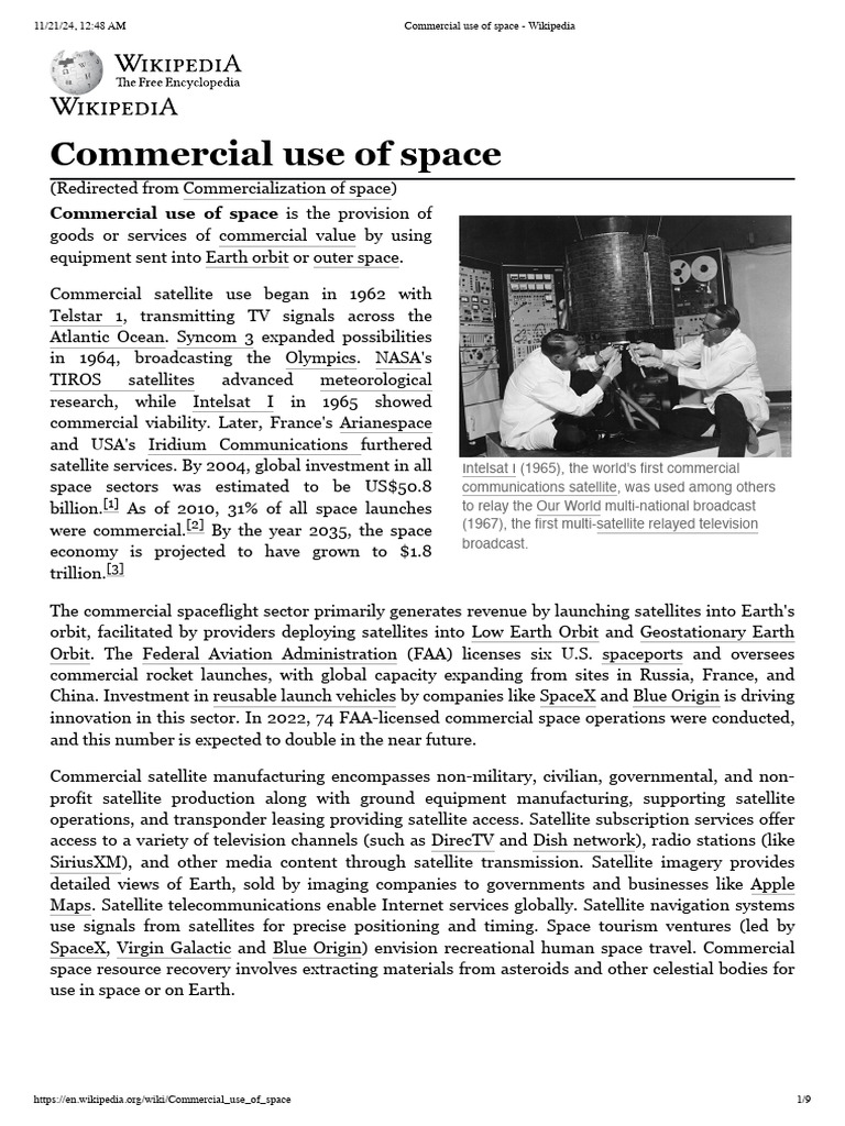 Commercial Use of Space - Wikipedia | PDF | Flight | Spacecraft