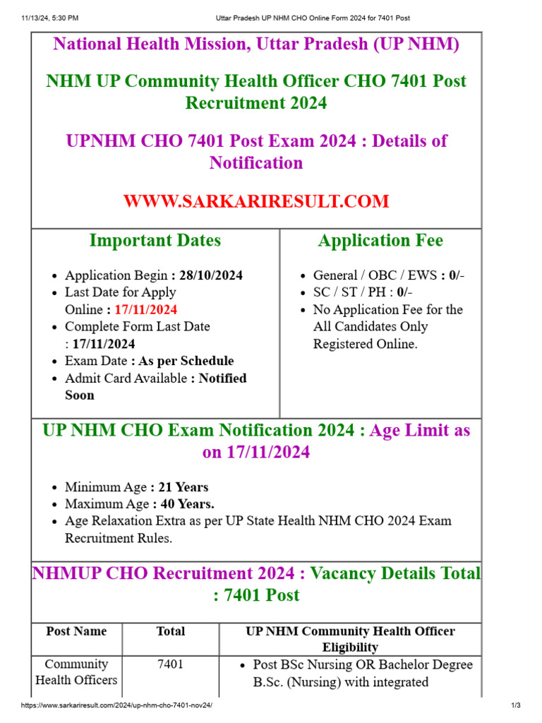 Uttar Pradesh UP NHM CHO Online Form 2024 For 7401 Post | PDF ...
