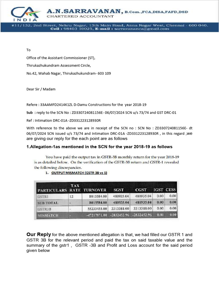 SCN Reply for D-Damu Constructions | PDF | Taxes | Appeal