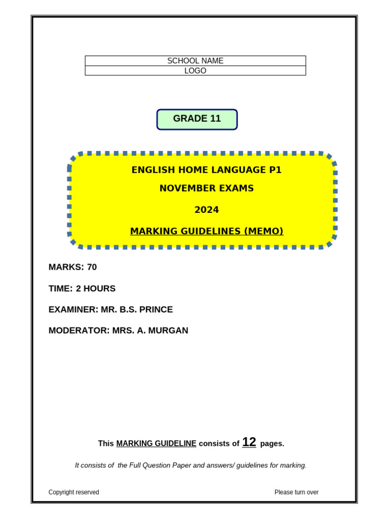 Gr.11 Eng HL Qp1 Nov. 2024 Memo | PDF