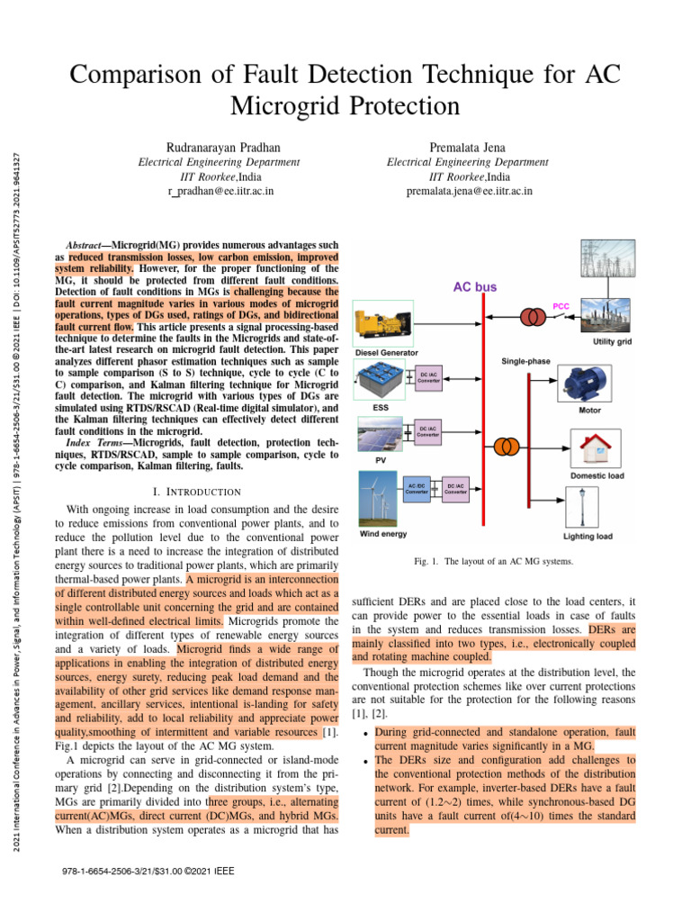 Comparison of Fault Detection Technique For AC Microgrid Protection | PDF | Kalman Filter ...