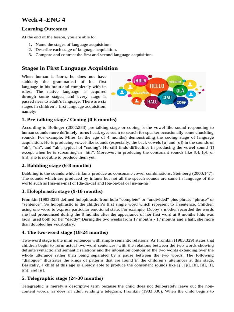 Stages in First Language Acquisition Week 4 | PDF | Language Acquisition | Second Language