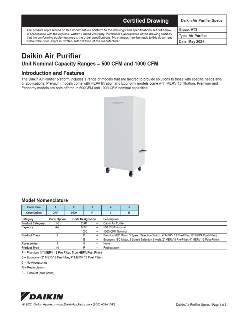 Daikin Air Purifier Model Specifications | PDF | Equipment ...