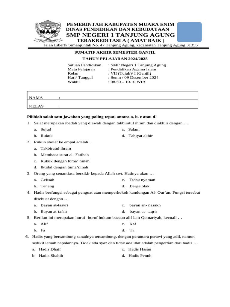 Soal UAS AKM PAI - Kelas 7 Ganjil 2024-2025 | PDF