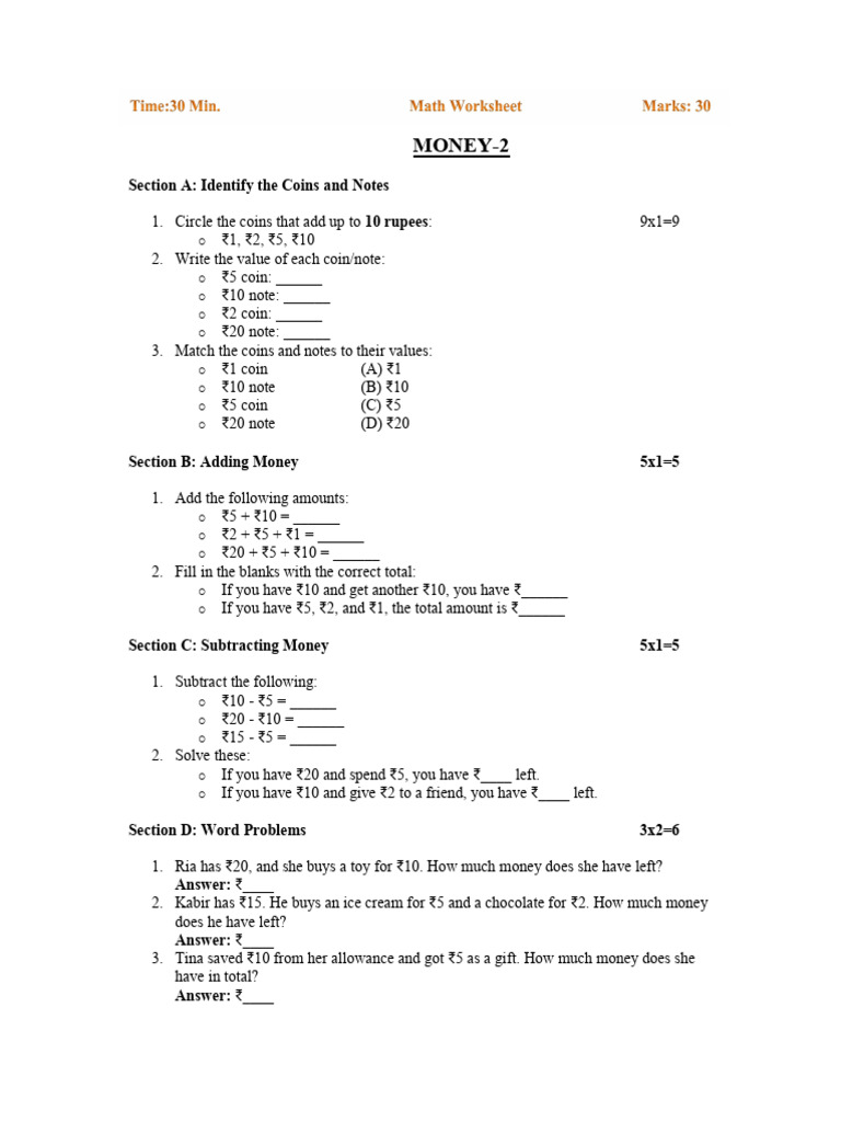 Class 2 Money Worksheet Activities | PDF