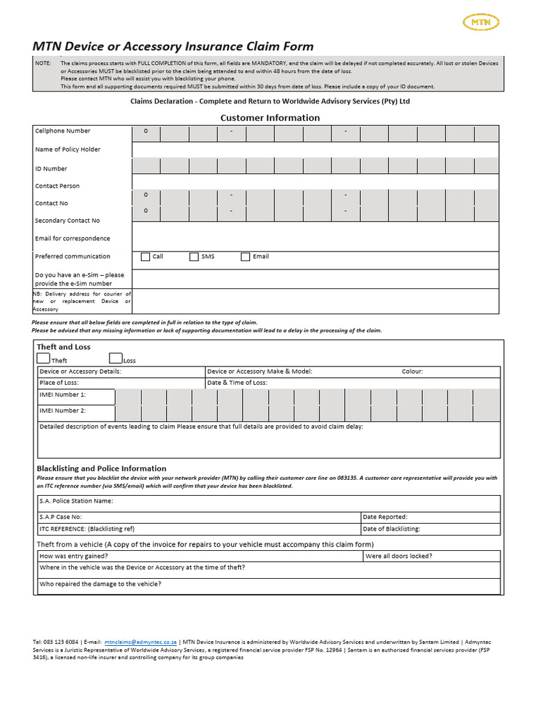 MTN Device Insurance Claim Form | PDF