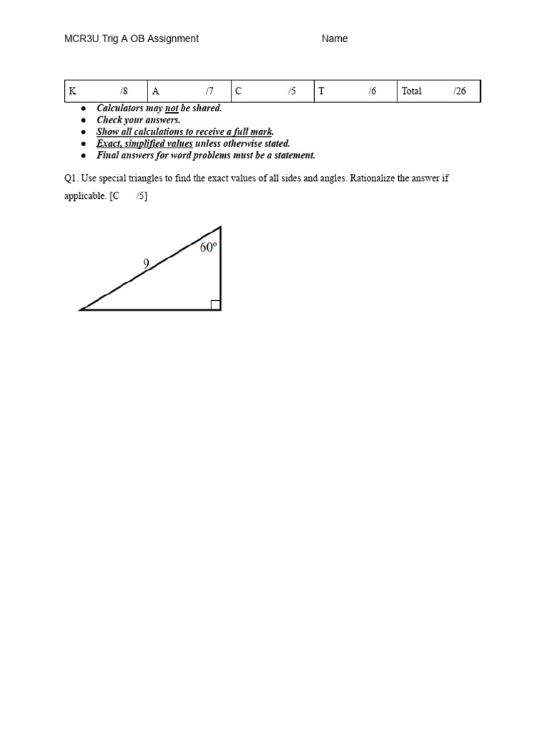 MCR3U Trig A OB Assignment | PDF | Teaching Methods & Materials | Science & Mathematics
