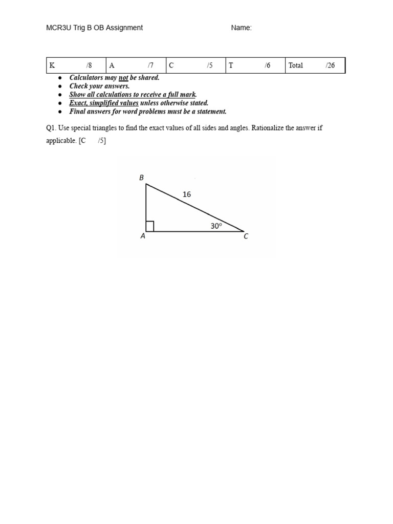 MCR3U Trig B OB Assignment | PDF | Teaching Methods & Materials ...
