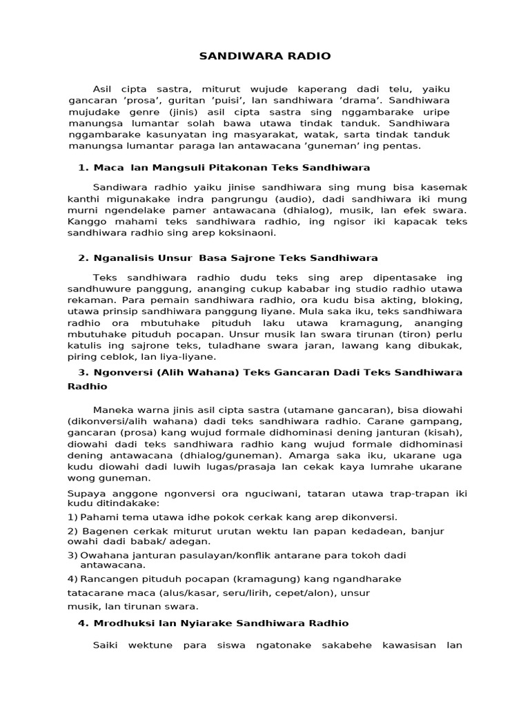 Sandiwara Radio Bahasa Jawa Kelas Xii Hari | PDF