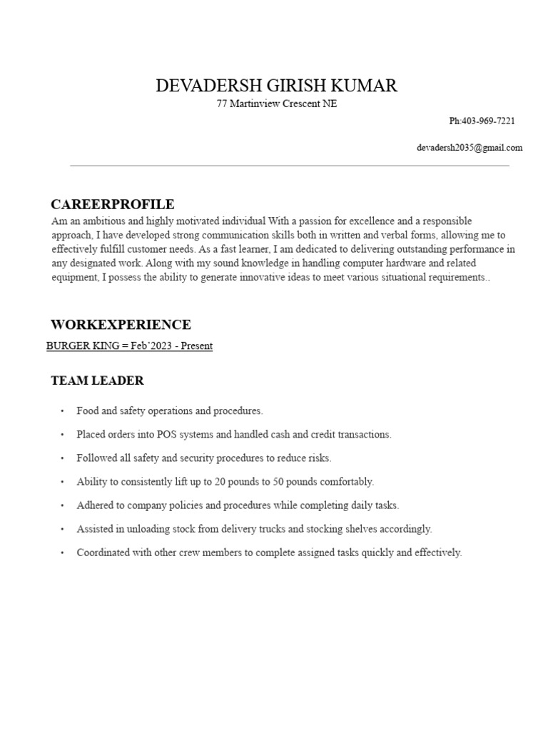 Devadersh Girish Kumar Resume WH1 | PDF | Warehouse | Business