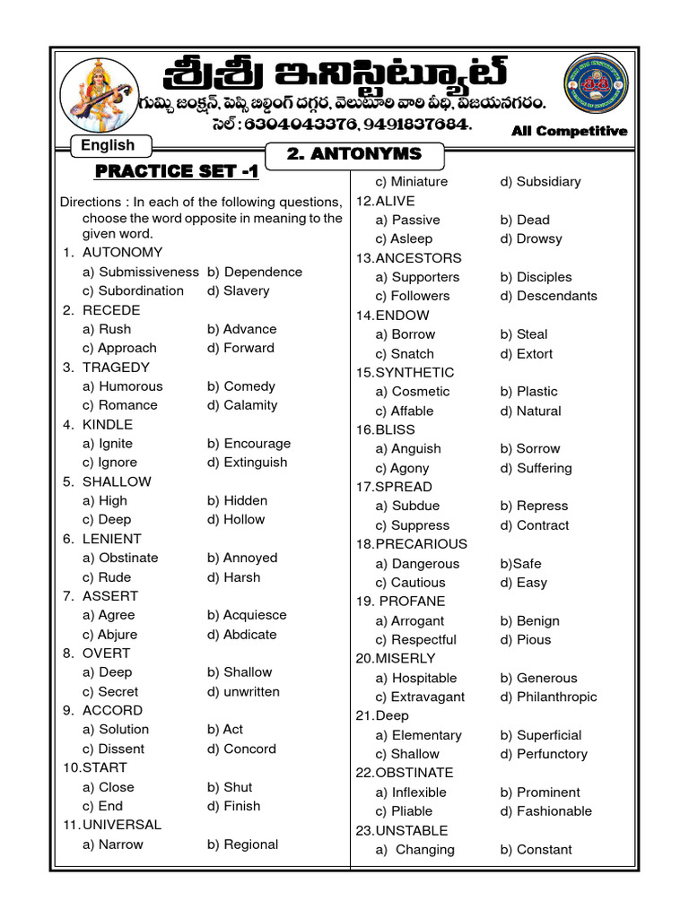 Antonyms Practice Set-1 To 3 | PDF