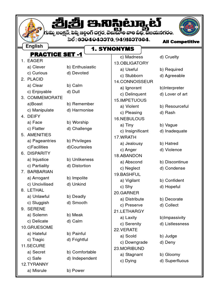 Synonyms Practice Set 1 To 3 | PDF