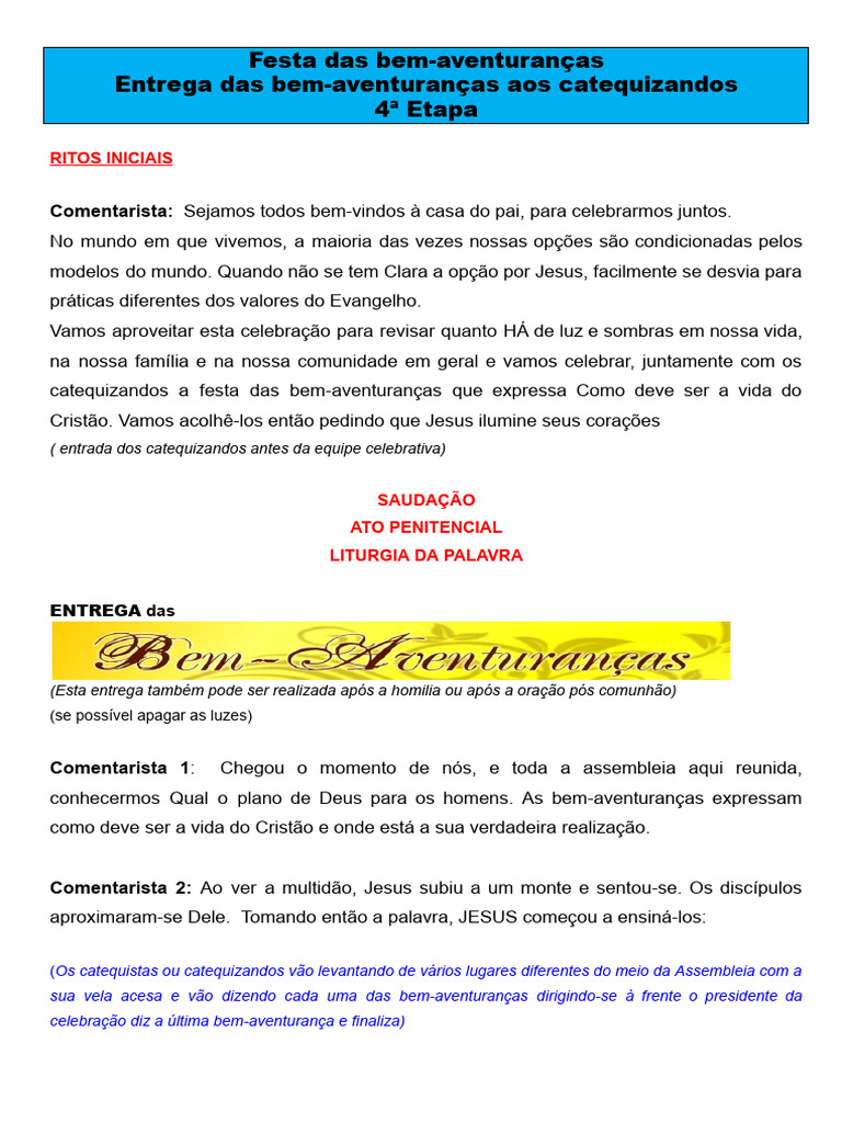 Festa e Entrega das Bem-Aventuranças | PDF | Bem-aventuranças | Crença ...