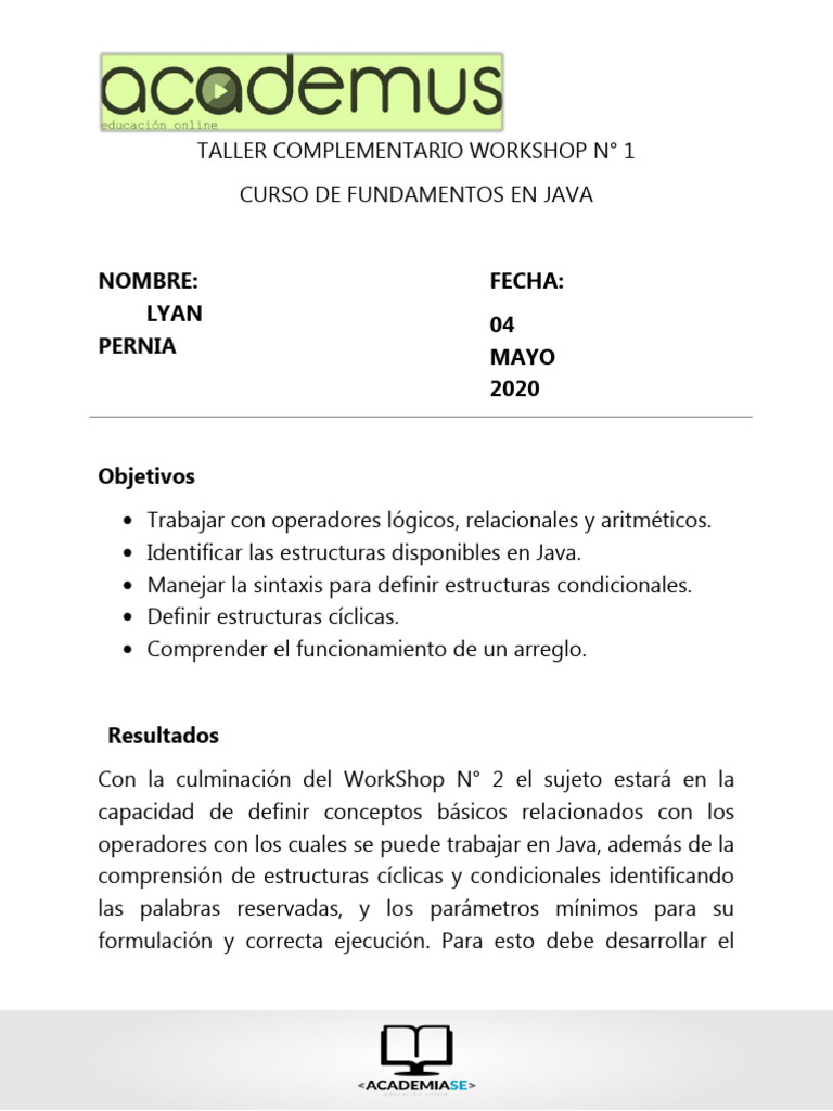 Taller Complementario Workshop 1 | PDF | Java (lenguaje de programación) | Programa de computadora