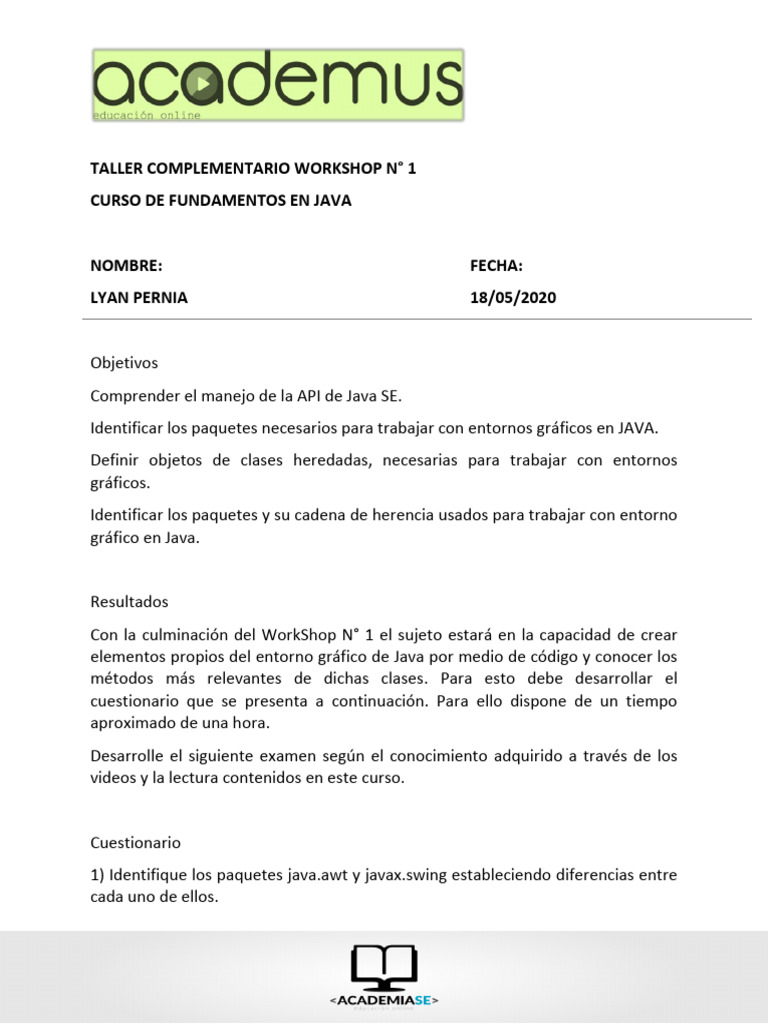 TALLER COMPLEMENTARIO Modulo 2.1 | PDF | Java (lenguaje de programación ...