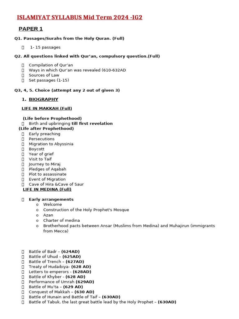 Islamiyat Syllabus Mid Term 2024 Pdf Hadith Medina