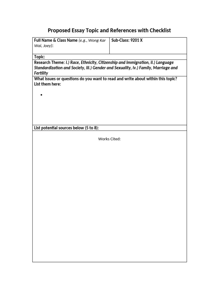 Proposed Essay Topic and References With Checklist: Full Name & Class ...