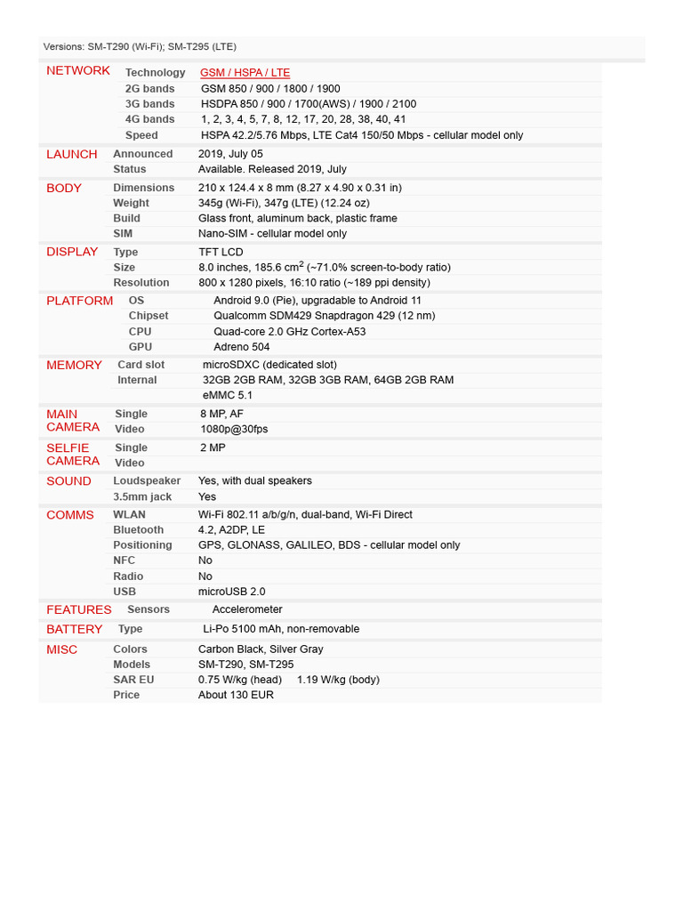 Full Tablet Specifications Samsung Galaxy Tab A 8.0 | PDF