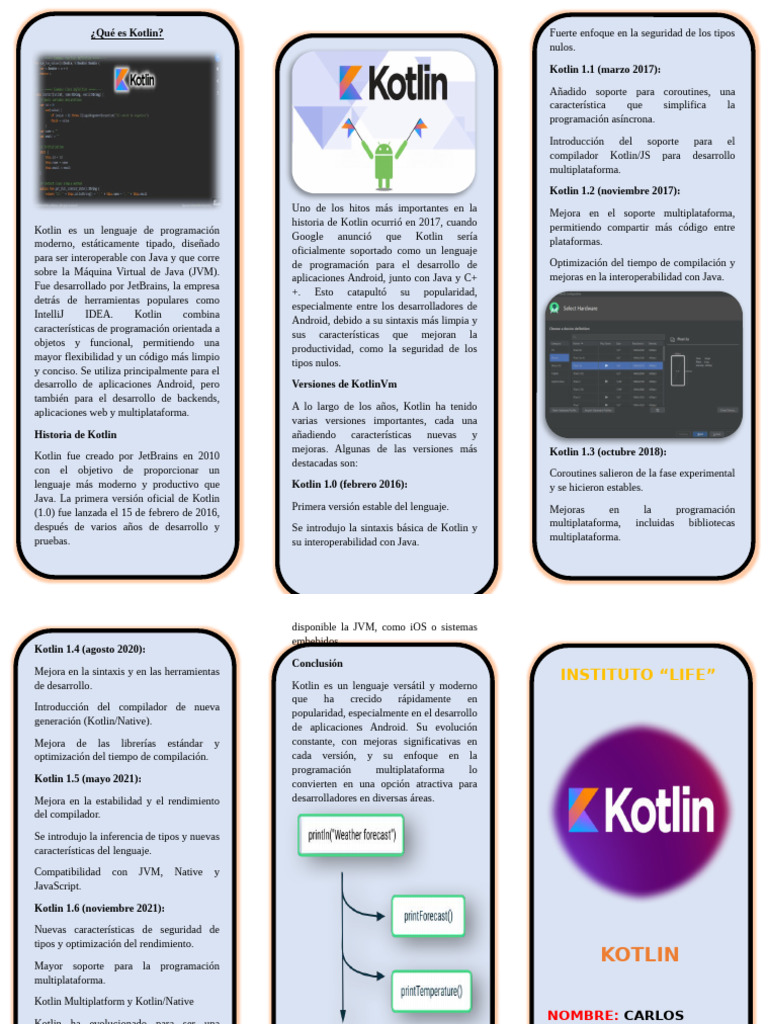 Triptico Qué Es Kotlin | PDF | Programación de computadoras | Ingeniería de software