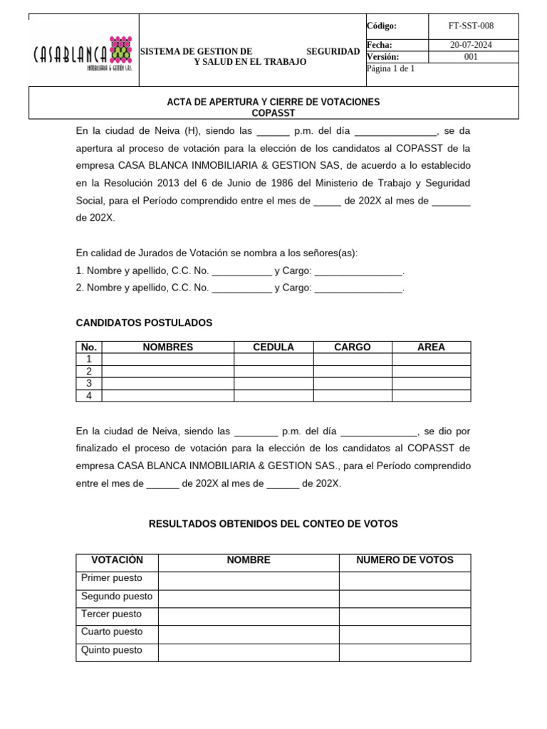 Acta de Votación COPASST Neiva 2024 | PDF | Elecciones | Gobierno