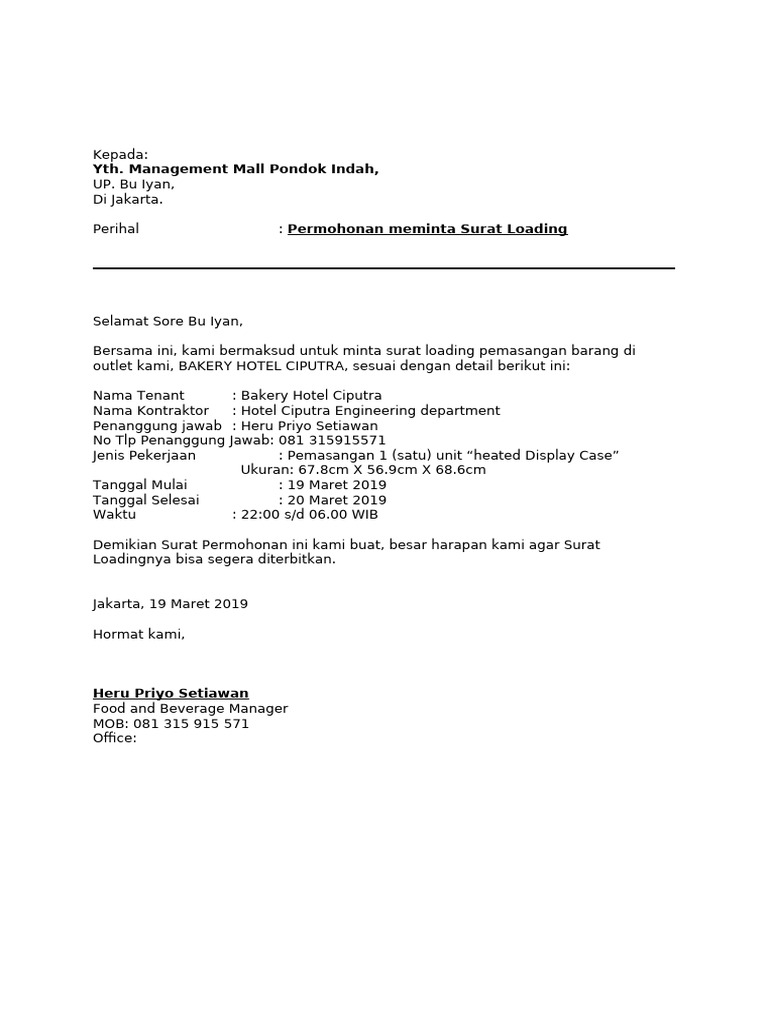 Surat Permohonan Minta Loading | PDF