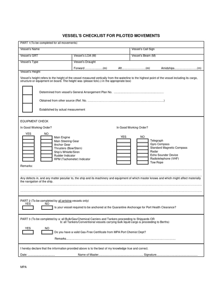 Vessel Checklist for Pilot Movements | PDF | Ships | Maritime Pilot