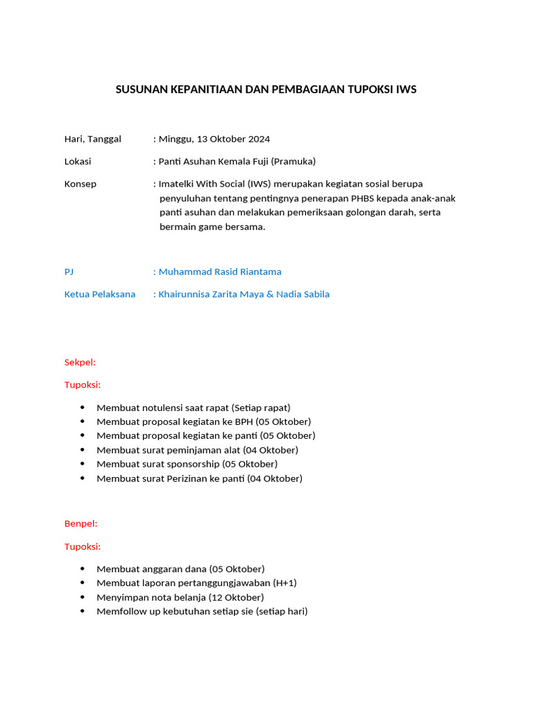 Susunan Kepanitiaan Dan Pembagiaan Tupoksi Iws | PDF