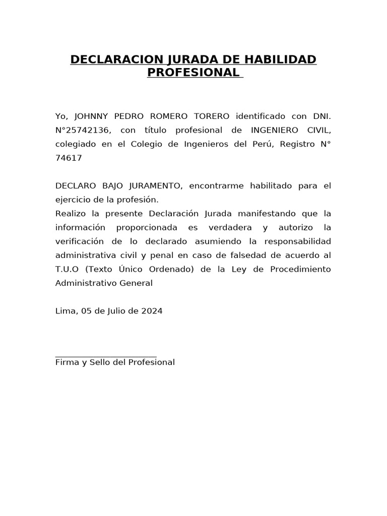 Declaracion Jurada Habilidad | PDF