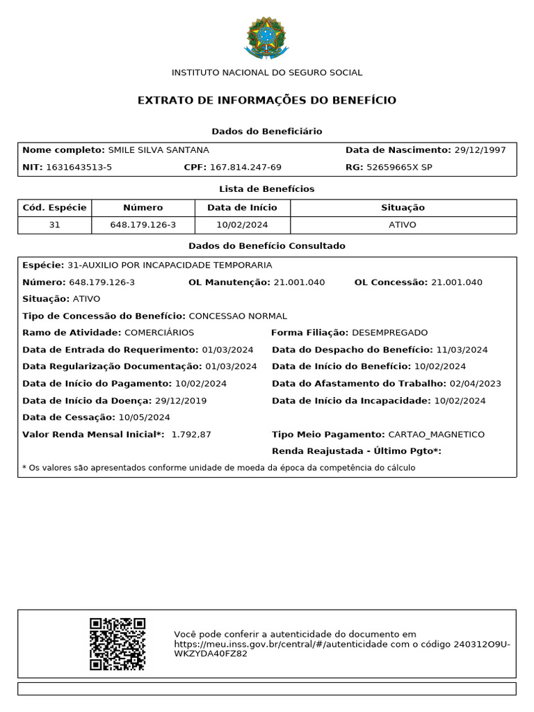 Extrato de Benefício INSS: Auxílio Incapacidade | PDF