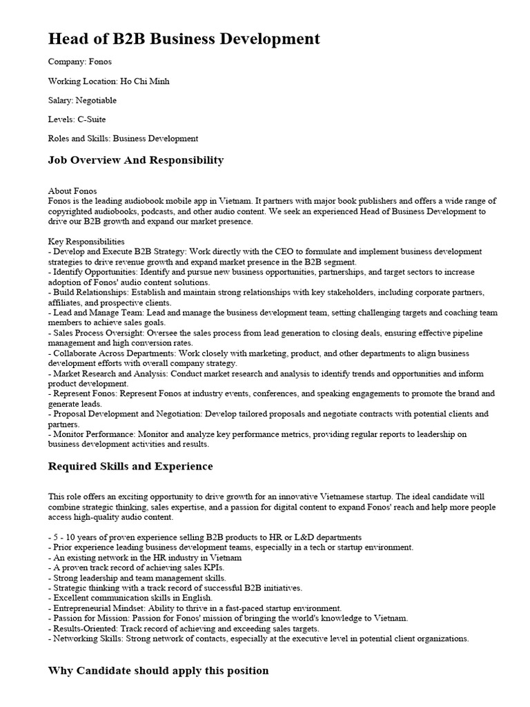 Head of B2B Business Development | PDF | Sales | Startup Company