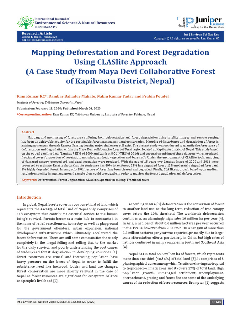 Kumar 2020 Mapping Deforestation And Forest Degradation Using Claslite Approach Pdf
