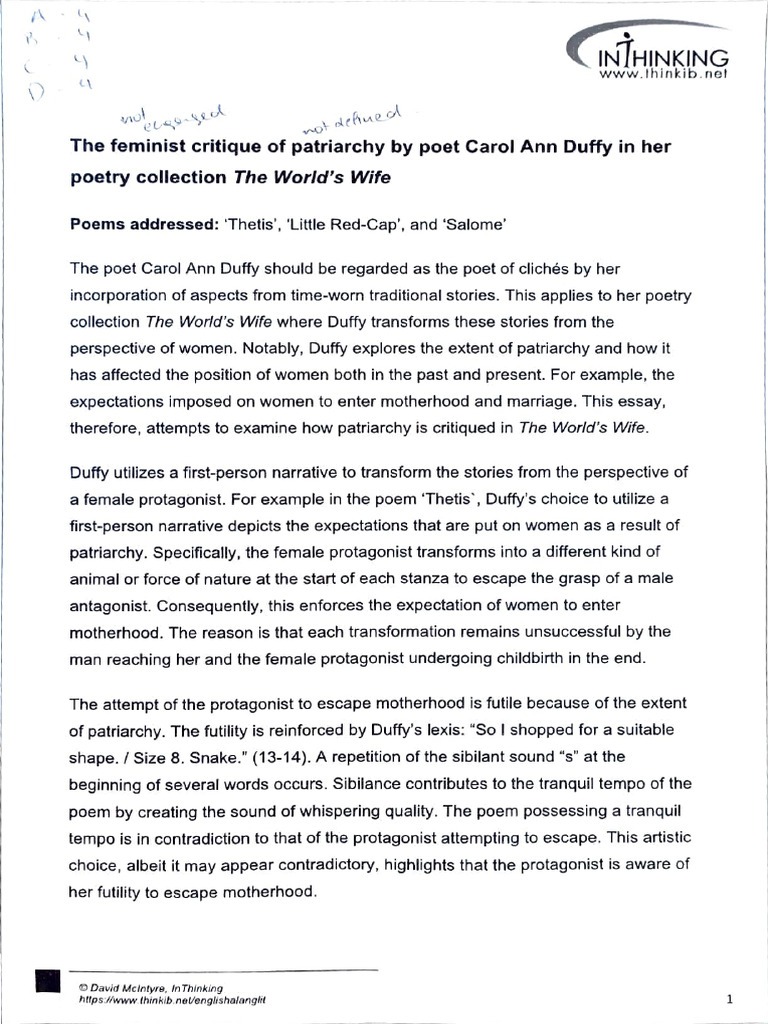 Carol Ann Duffy HL Essay Example PDF Patriarchy Poetry