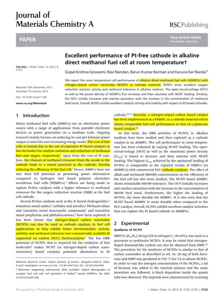Excellent Performance of Pt-Free Cathode in Alkaline | PDF | Fuel Cell | Physical Chemistry