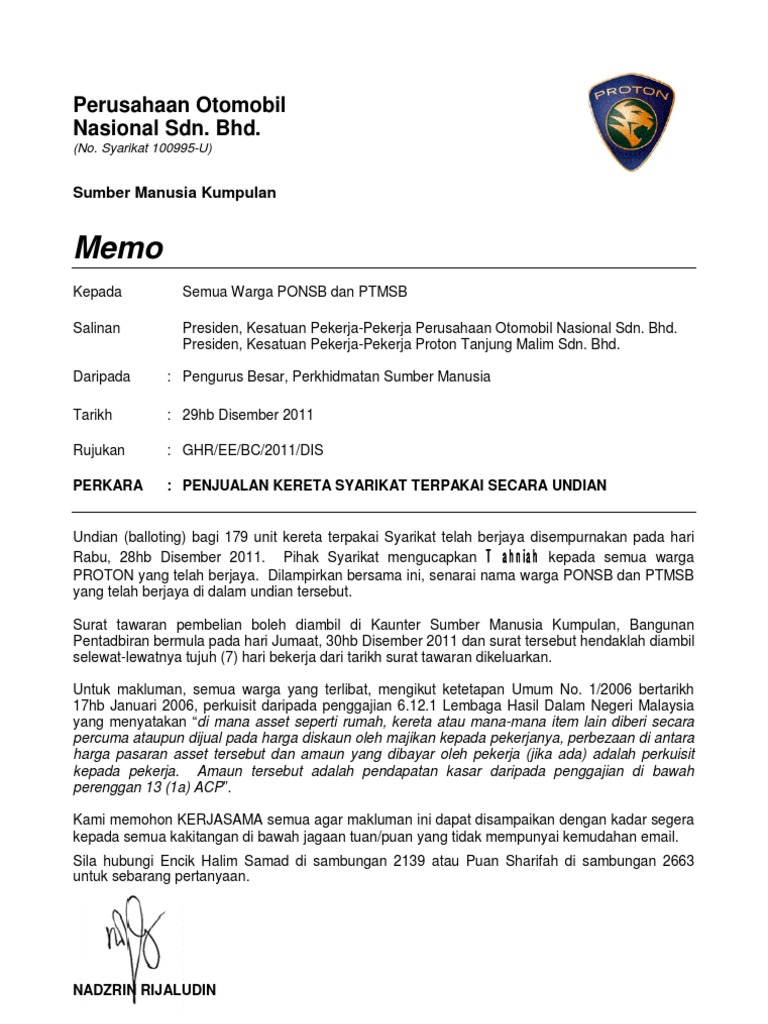 Memo Penjualan Kereta Syarikat Terpakai Secara Undian | PDF