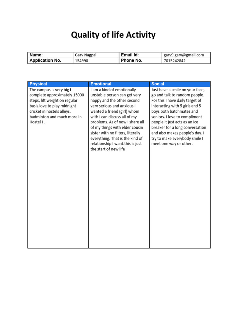 Quality of Life Activities Overview | PDF