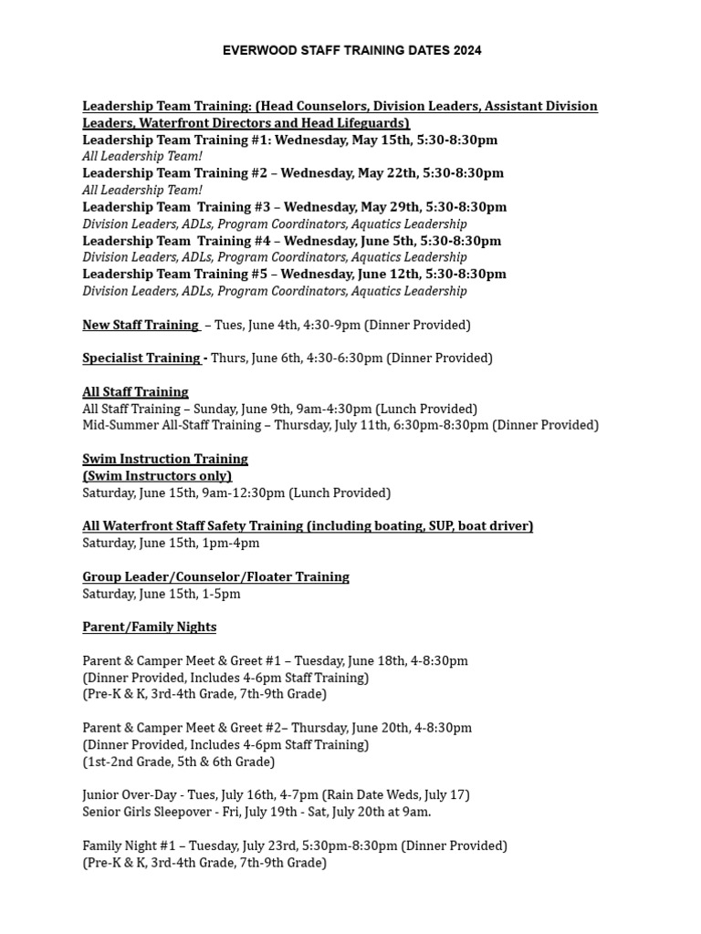 Staff Training Dates 2024 | PDF | Wellness