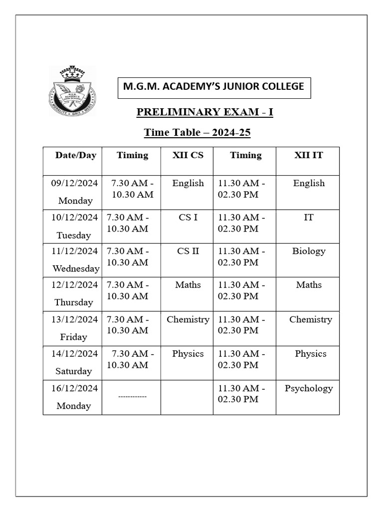 Xii Science Prelims Timetable | PDF
