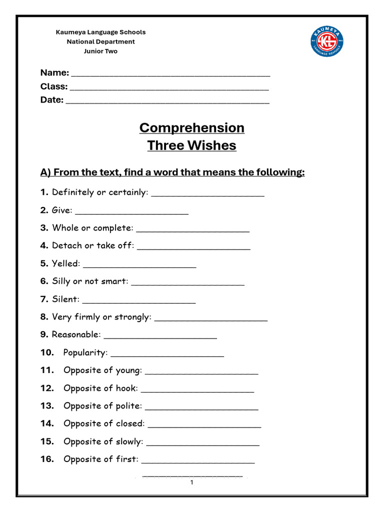 Three Wishes Worksheet | PDF