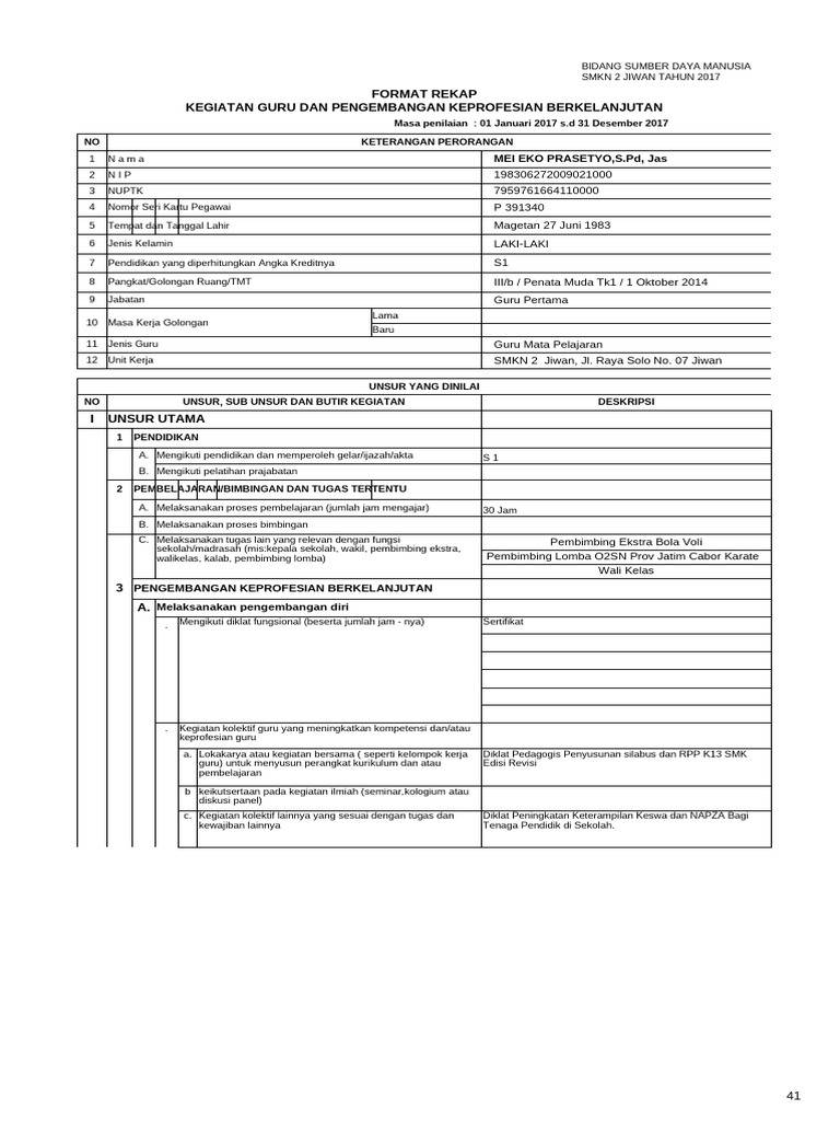 Form Rekap PKB MEI EKO 2017 | PDF