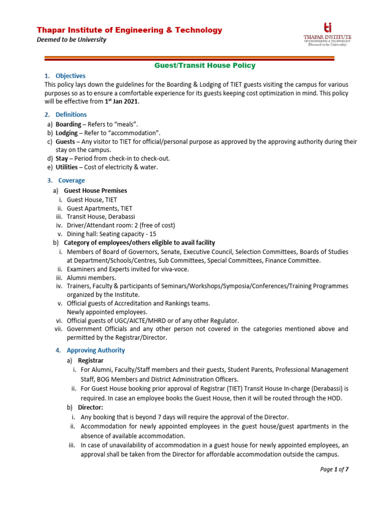 Thapar University Guest House Policy | PDF | Lunch | Cuisine