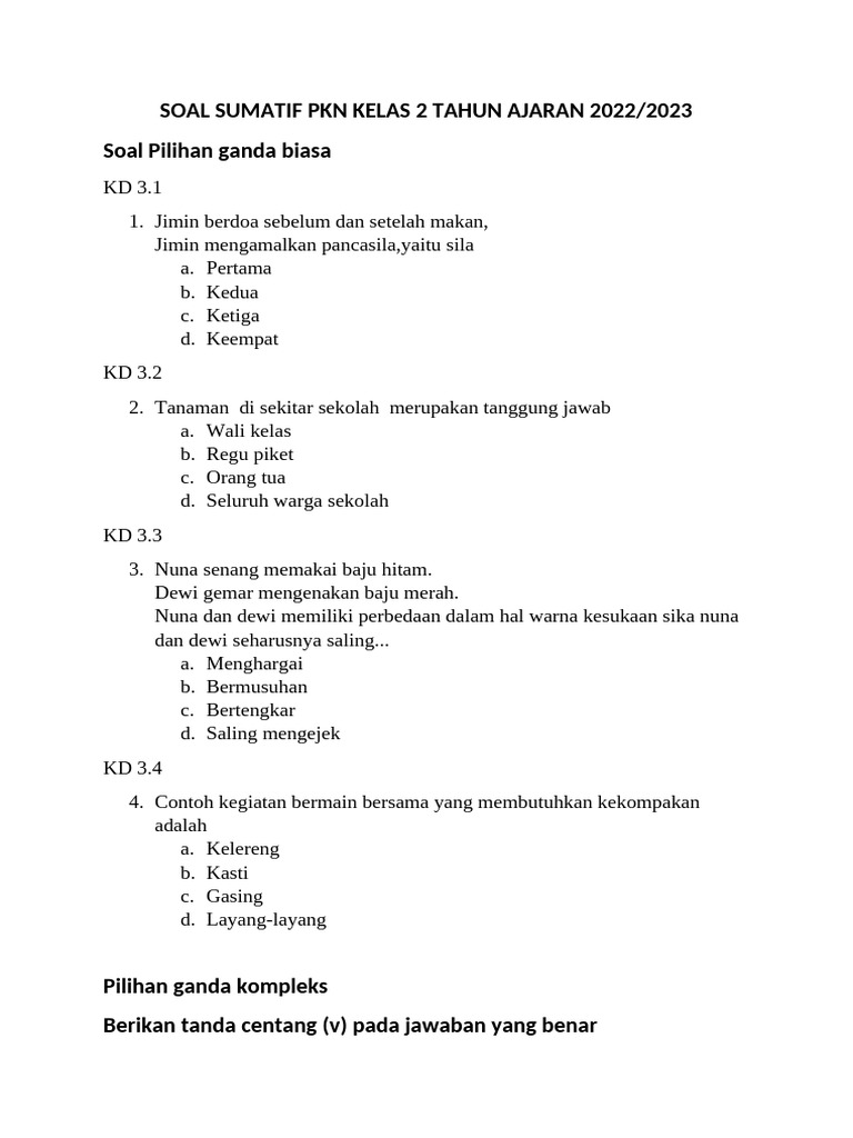Soal Sumatif PKN Kelas 2 Tahun Ajaran 2022 | PDF