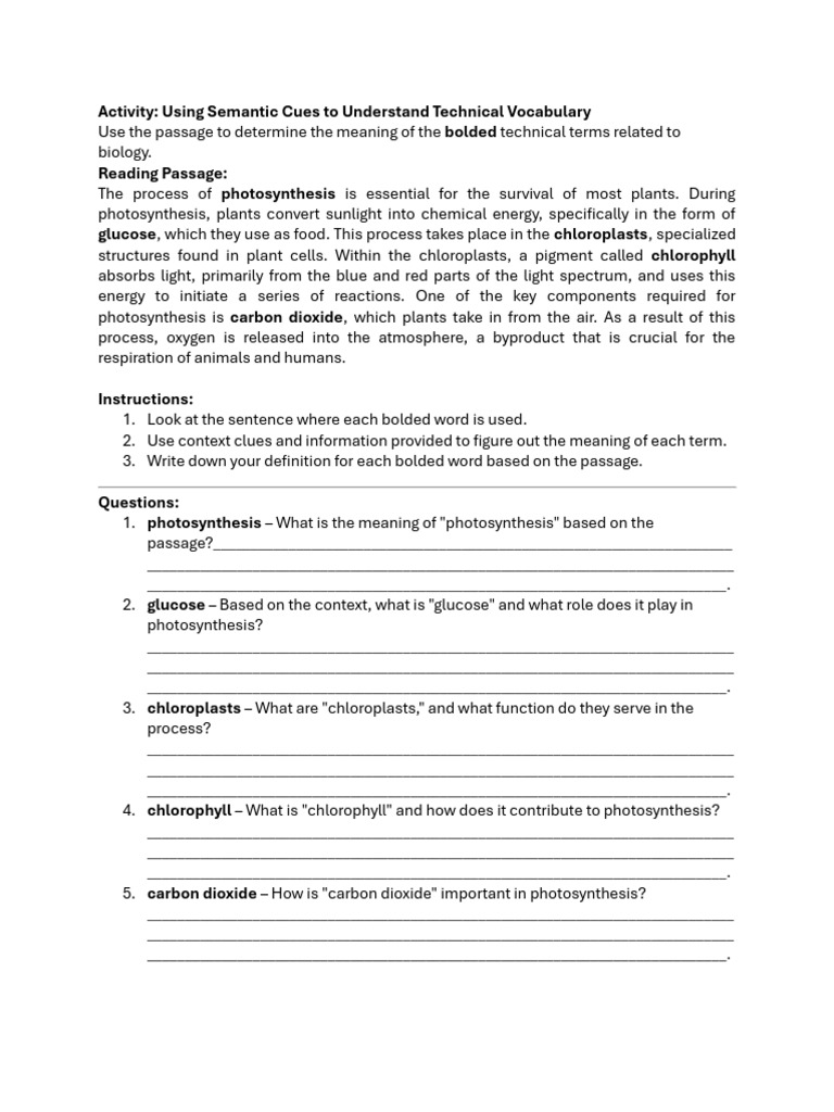 Semantic Cues To Understand Technical Vocabulary | PDF | Photosynthesis ...